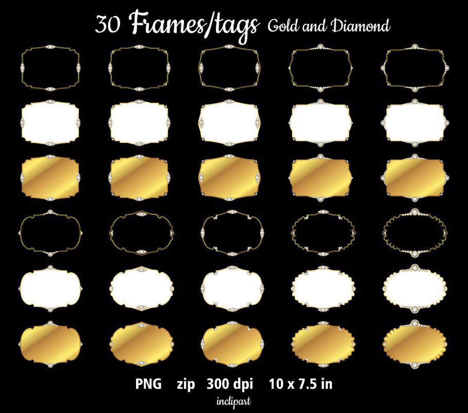 Frames Clipart. Digital Download. Gold and Diamond Frames Clip Art. Set ...