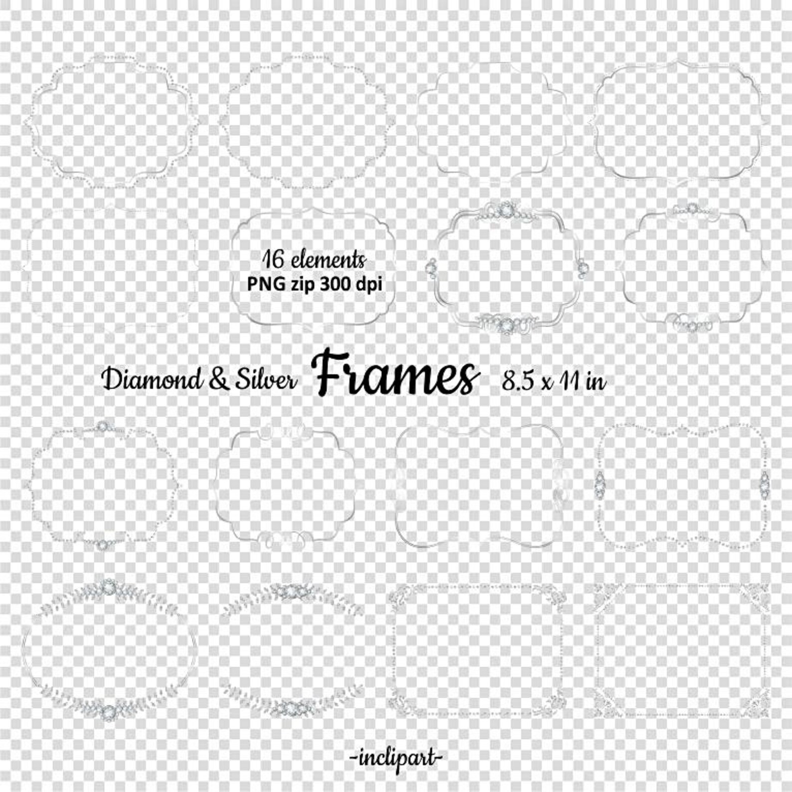 Frame Clipart Diamond Silver. Rhinestone Frames Clipart. Digital ...