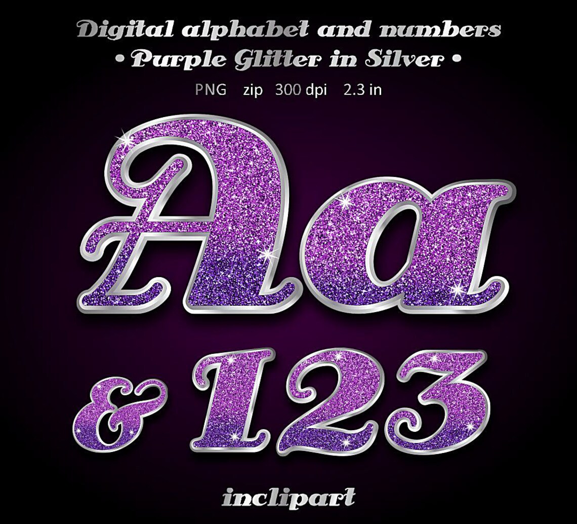 Purple Glitter Alphabet Clipart. Letters, Numbers Digital Clipart ...
