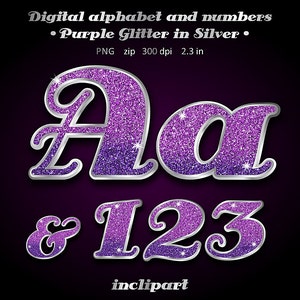 Purple Glitter Alphabet Clipart. Letters, Numbers Digital Clipart ...