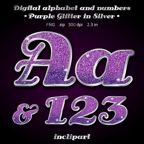 Purple Glitter Alphabet Clipart. Letters Numbers Digital - Etsy