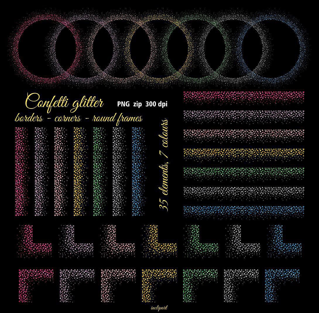 Confetti Glitter Borders, Corners, Round Frames Clipart. Seamless. 7 ...