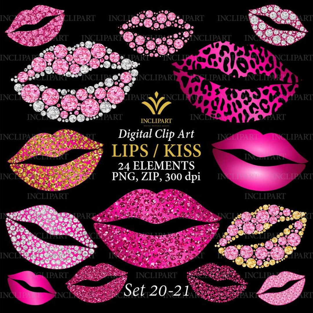 Lips, Kiss Digital Clipart PNG. Pink Glitter & Diamond, Pink Leopard ...