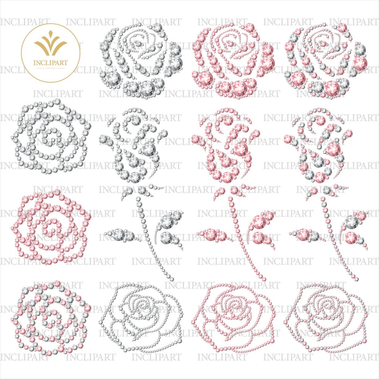 Diamond Roses Digital Clip Art in PNG File Format. Rose Gold and White ...