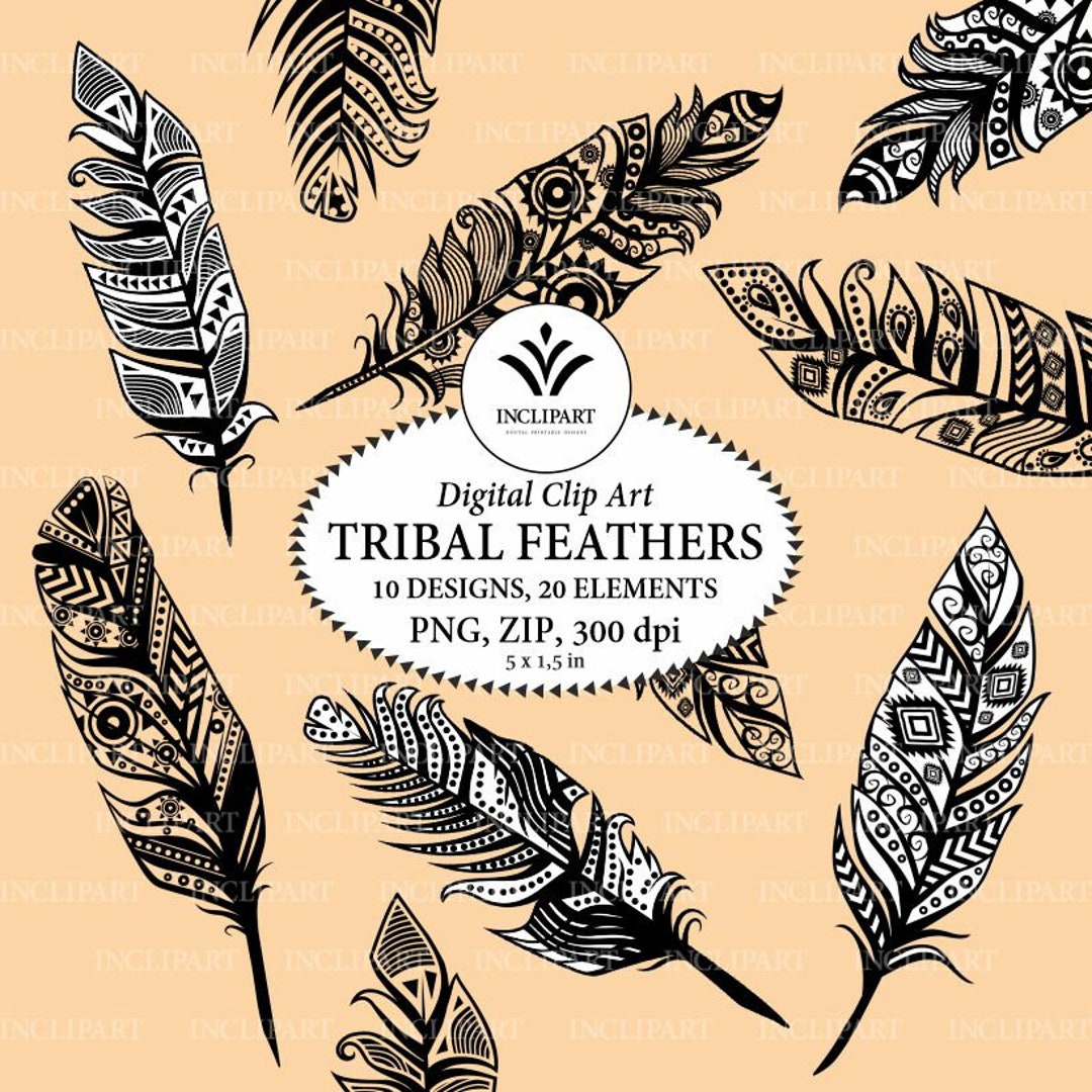 Tribal Feather Clip Art. Black & White Feather Digital Clipart. PNG Zip ...