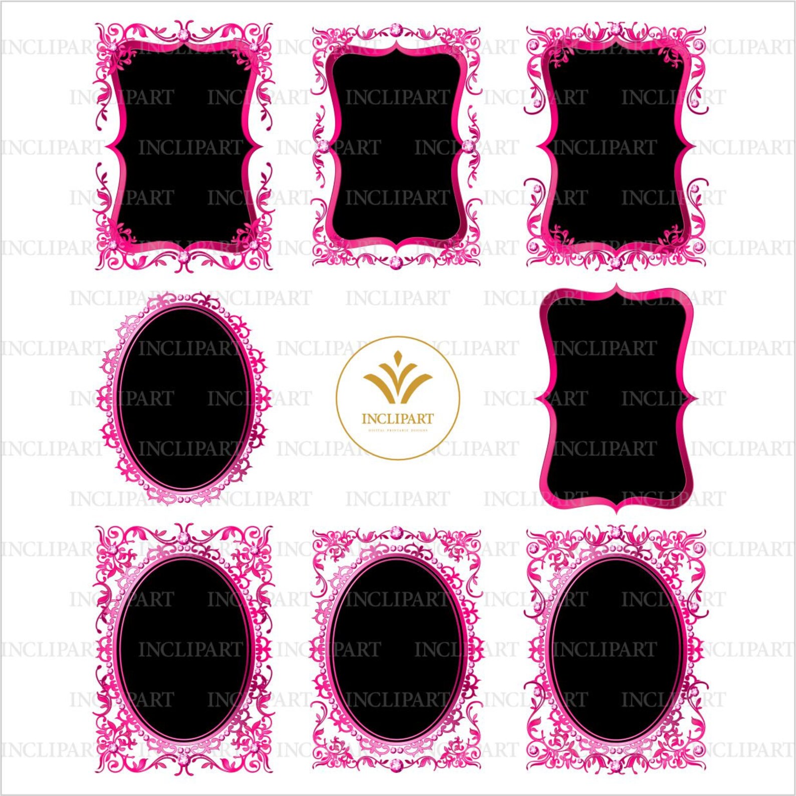 Pink Frames Digital Clip Art PNG File Format. Pink and Diamond Frames ...