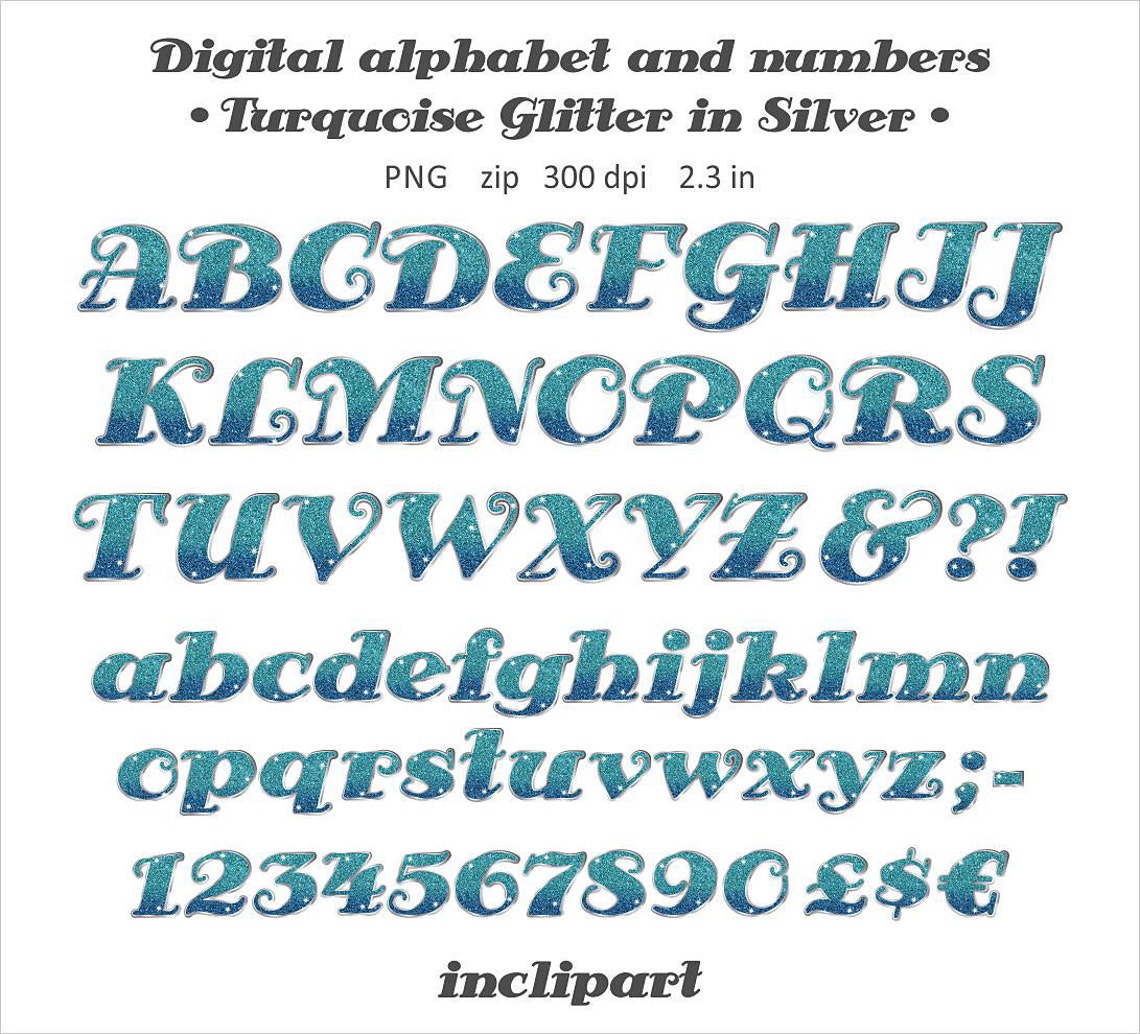 Turquoise Glitter Alphabet Clipart. Letters and Numbers - Etsy