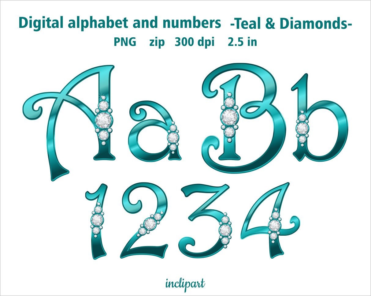 Teal and Diamonds Alphabet and Numbers Clip Art. Letters | Etsy
