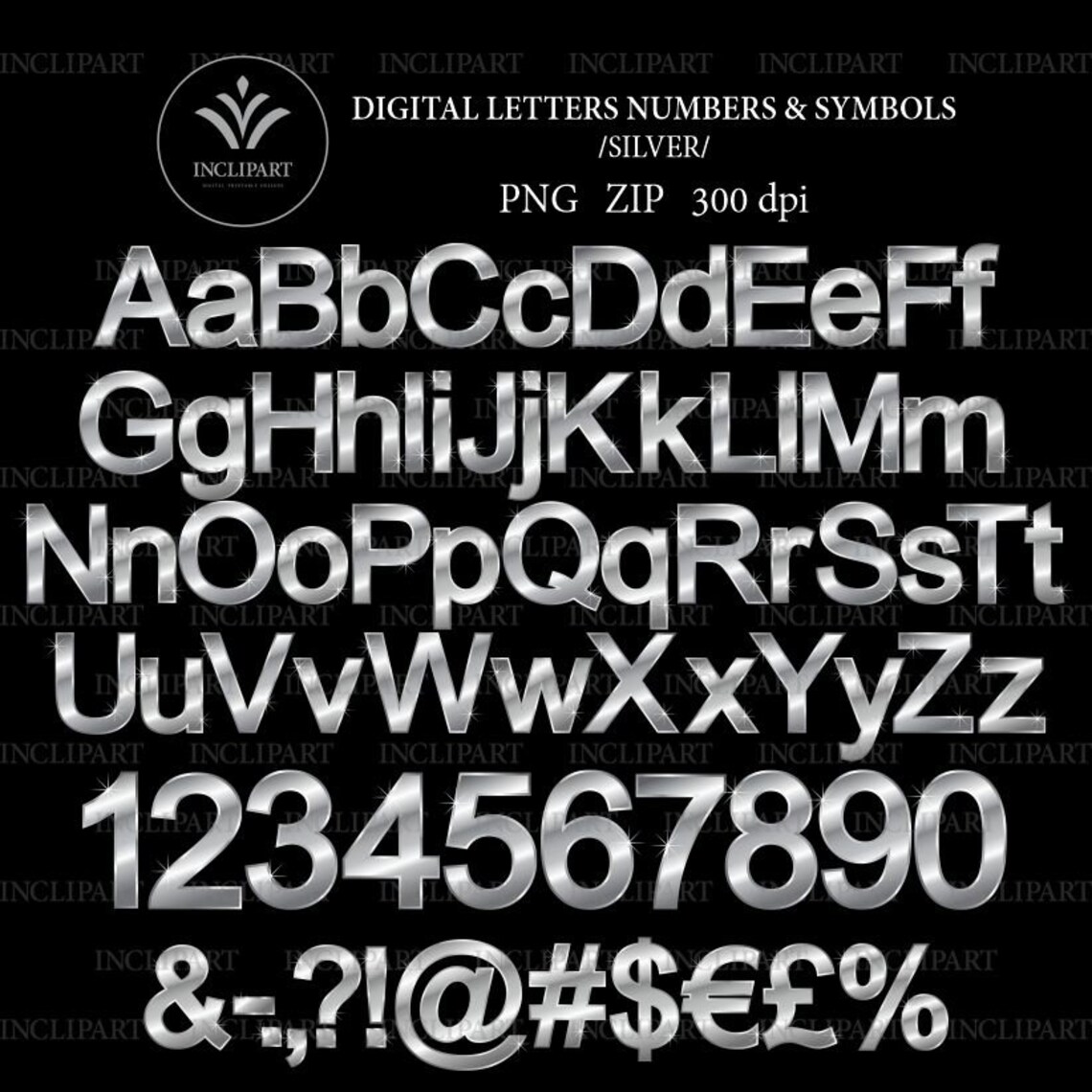 Silver Metallic Letters and Numbers Digital Clip Art in PNG - Etsy