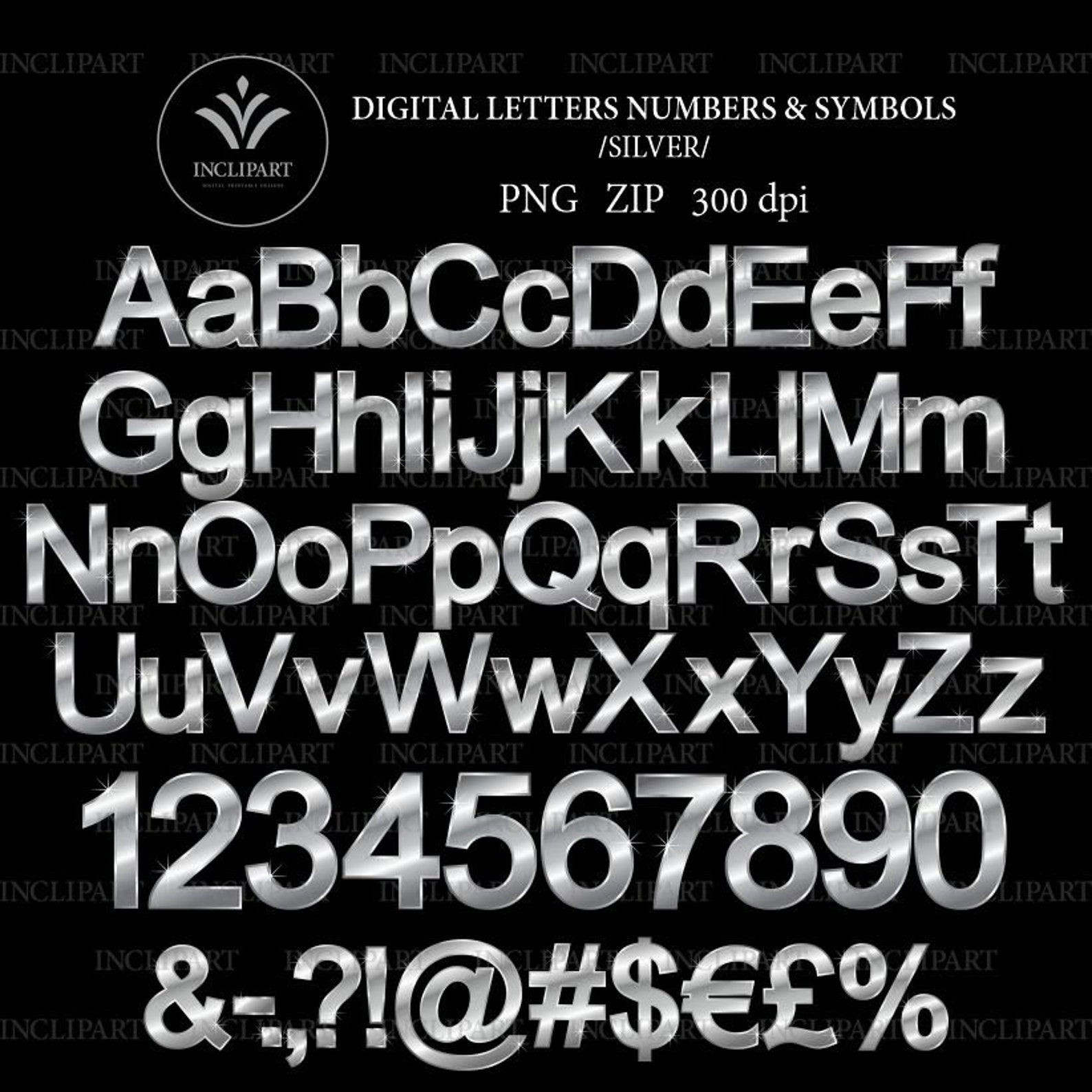 Silver Metallic Letters and Numbers Digital Clip Art in PNG | Etsy UK