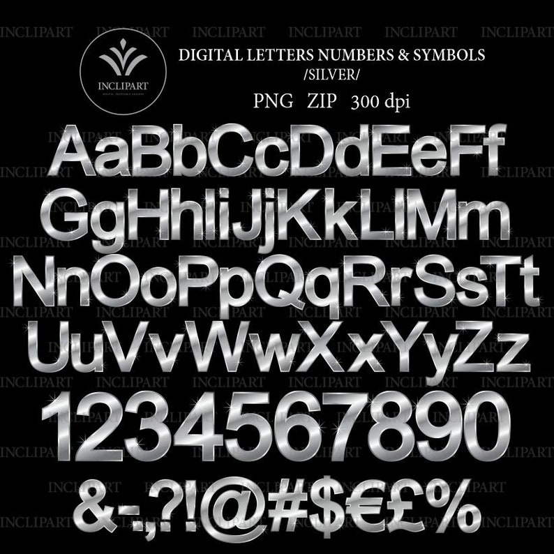 Silver, Metallic Letters and Numbers Digital Clip Art in PNG File ...