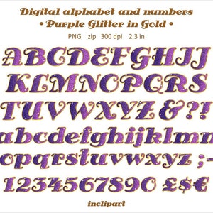 Glitter Alphabet Clipart. Letters and Numbers Digital Clip Art. Purple ...