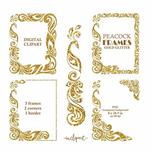 Peacock Frame Clipart. Gold Glitter Frame, Corner, Border. Digital ...