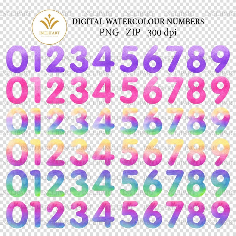 Watercolour Numbers Digital Clipart, PNG File Format. H 2.8 Inches. 10 ...