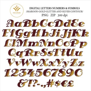 Glitter Alphabet Clipart. Letters and Numbers Digital Clip Art. Maroon ...