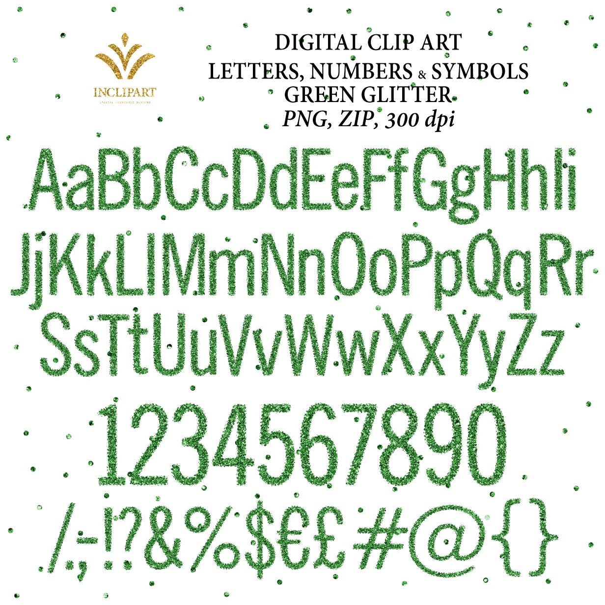 Green Glitter Letters, Numbers, Symbols PNG Files Digital Clip Art ...