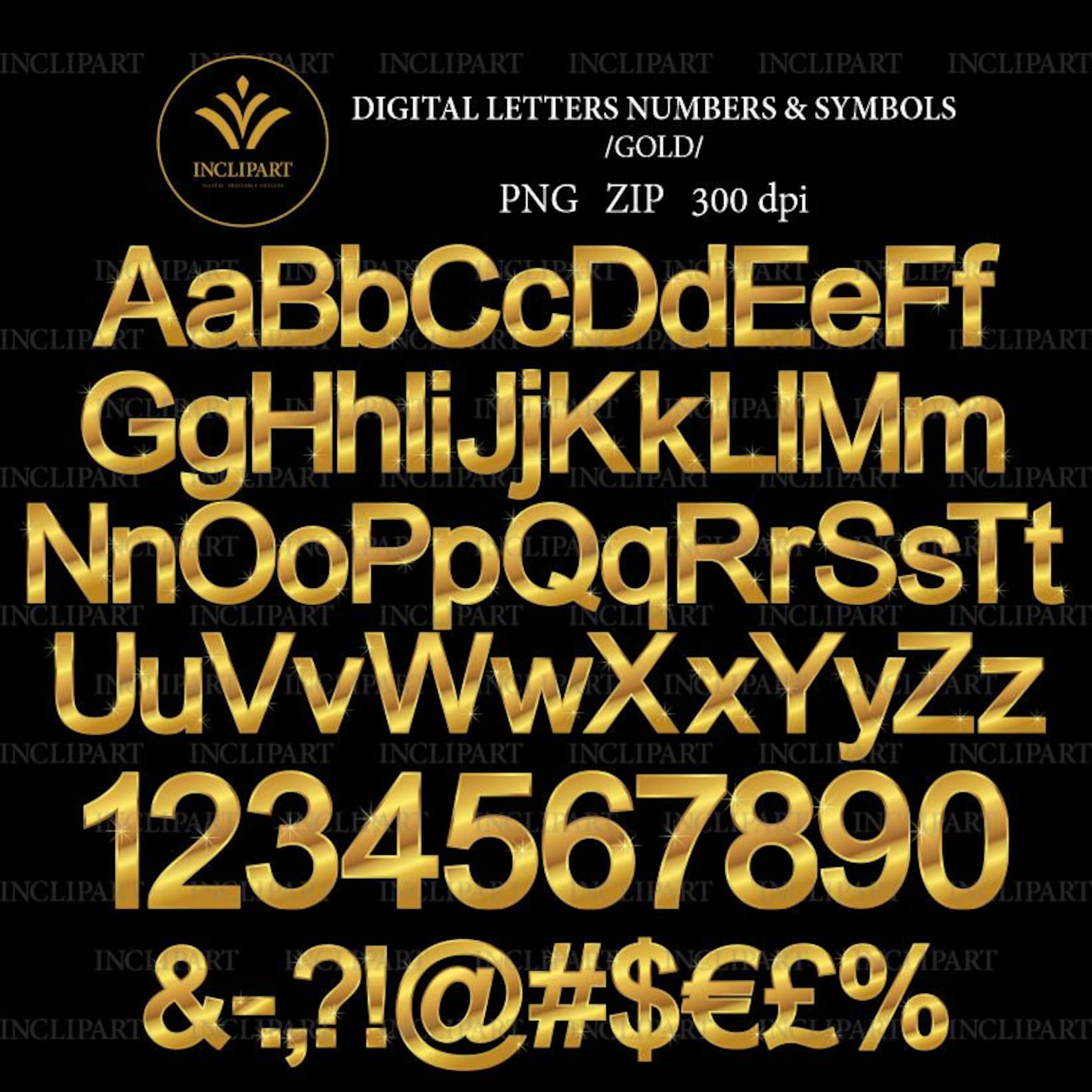 Gold Letters and Numbers Digital Clipart PNG File Format. Alphabet Clip ...