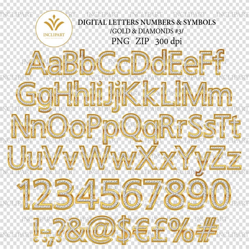 Gold and Diamond Alphabet Digital Clip Art in PNG File Format. Bling ...
