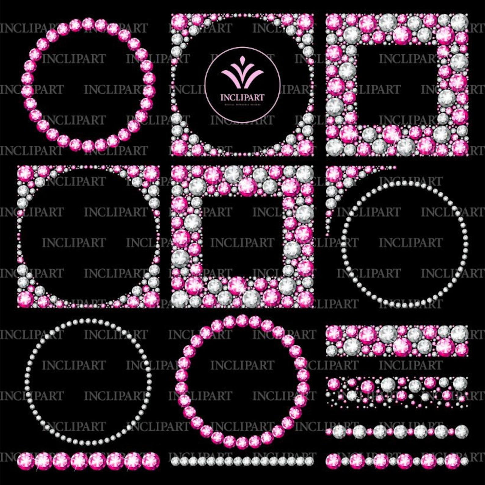 Diamond Clipart. Pink and White Gem Frames, Borders Overlay. Rhinestone ...