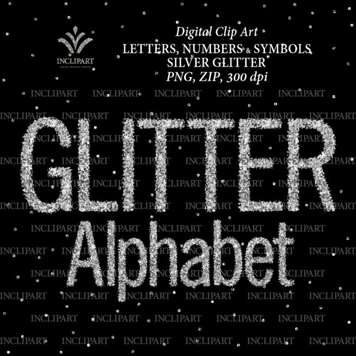 Silver glitter letters numbers symbols PNG digital clip art. | Etsy