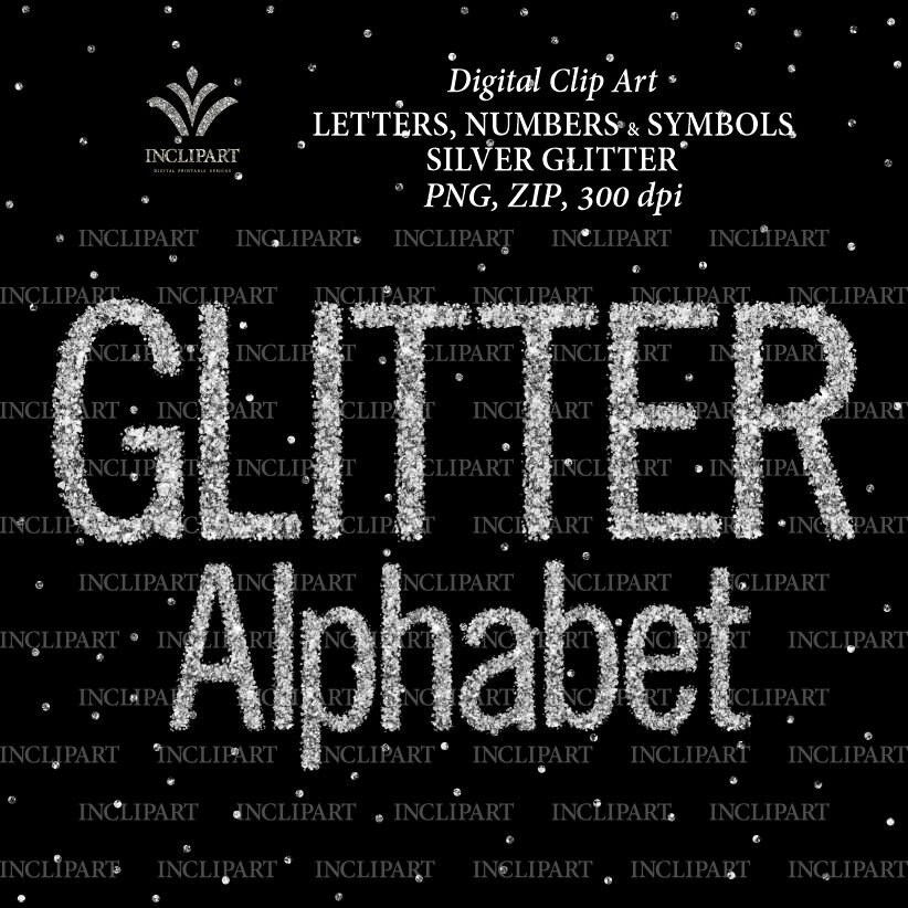 Silver glitter letters numbers symbols PNG digital clip art. | Etsy