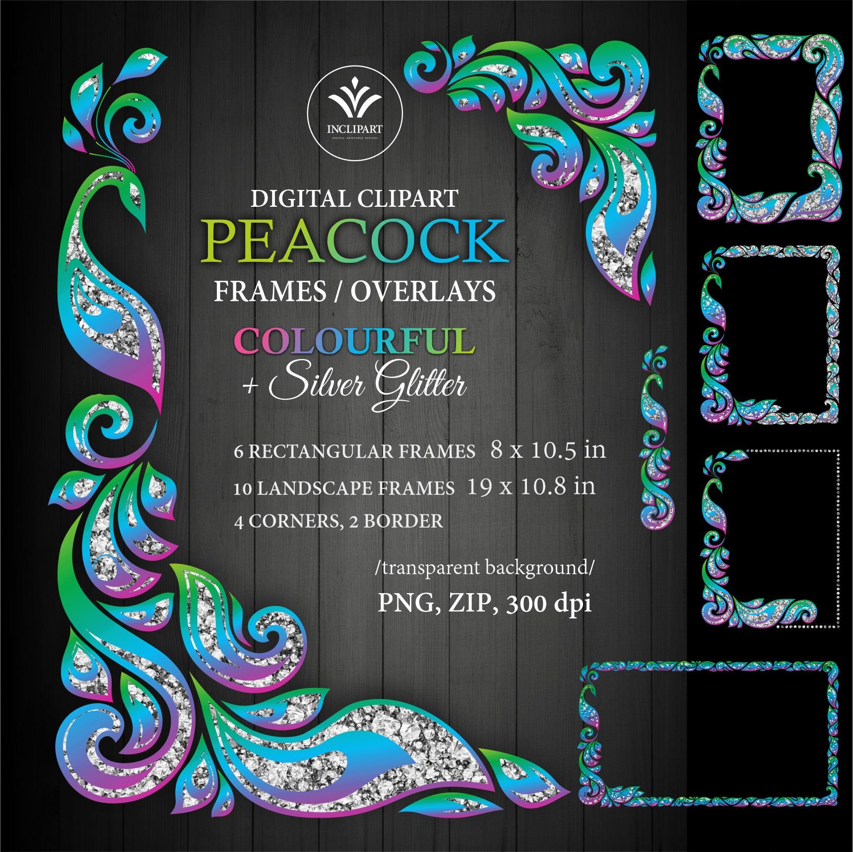 Frame Peacock Clipart. Colorful Frames Corners Border With - Etsy Singapore