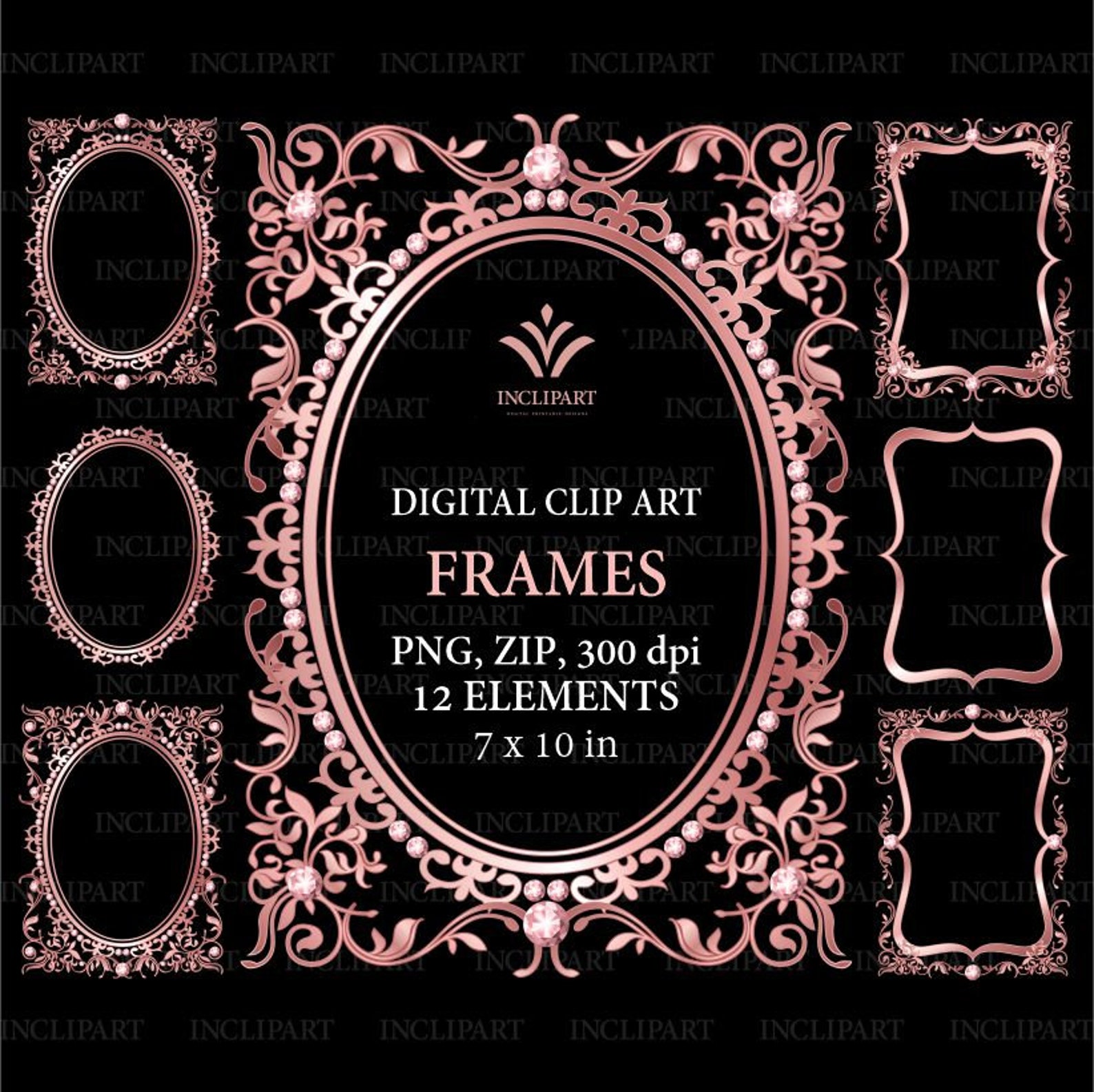 Rose Gold Frames Digital Clip Art PNG. Rose Gold and Diamond - Etsy
