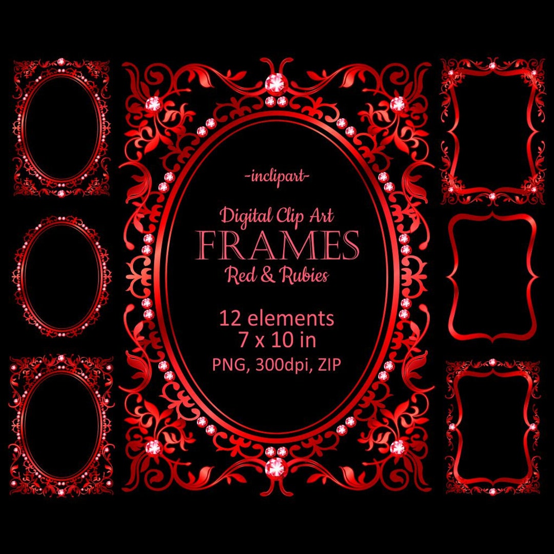 Red Metallic Frames Digital Clip Art. Red and Ruby Frames, Border ...