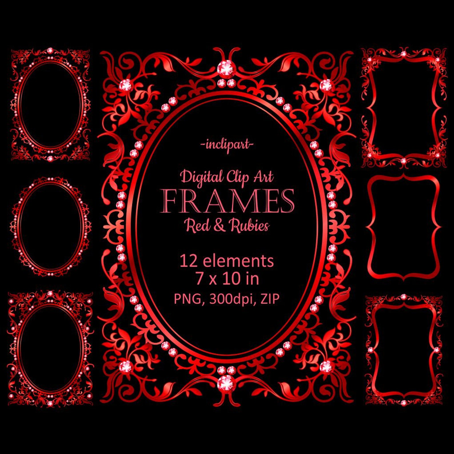 Red Metallic Frames Digital Clip Art. Red and Ruby Frames, Border ...