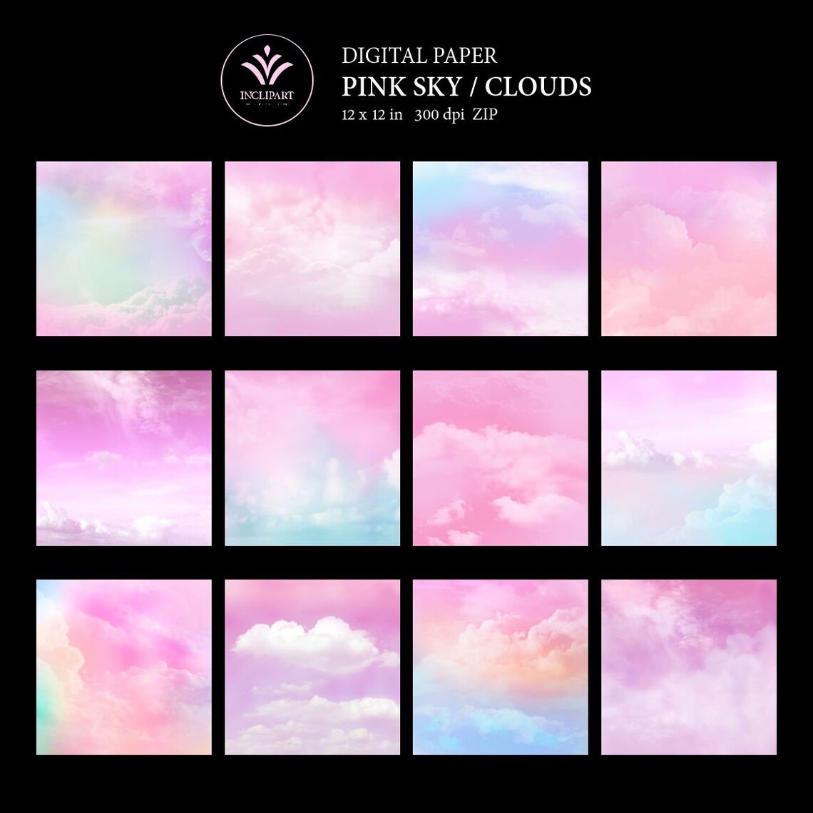Pink Sky, Clouds Digital Paper, Background Clip Art. Set of 12 JPG ...