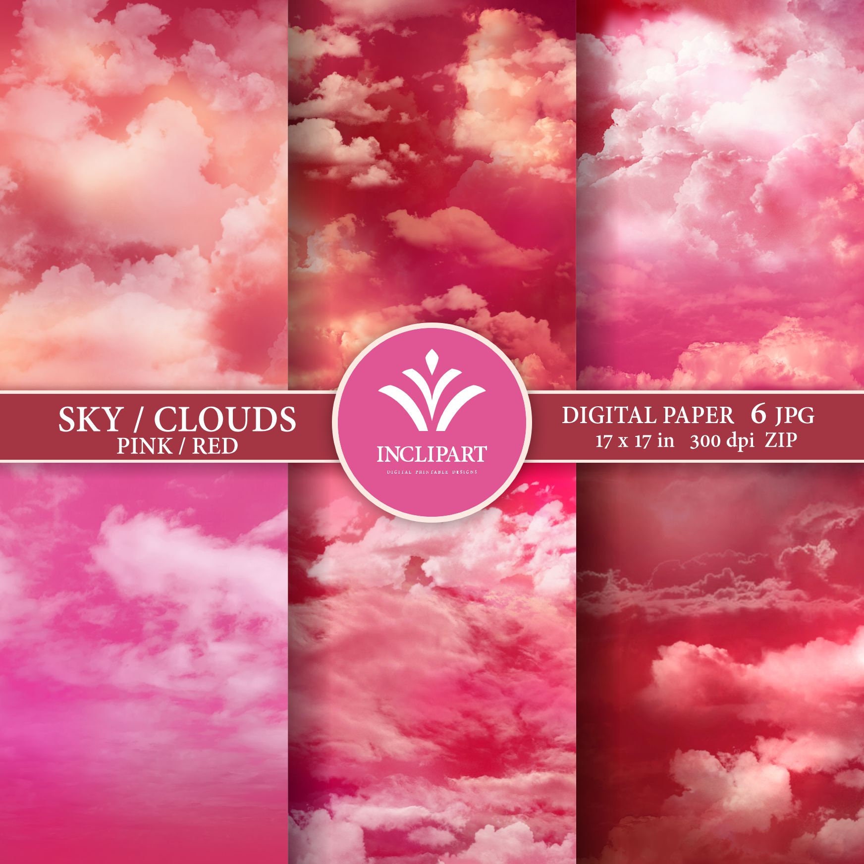 Pink, Red Sky, Clouds Digital Paper, Background Digital Clip Art. Set ...
