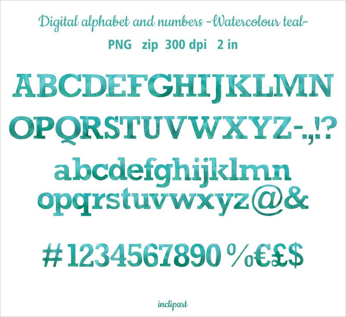 Watercolour Letters Numbers Symbols Digital Clipart. Teal | Etsy