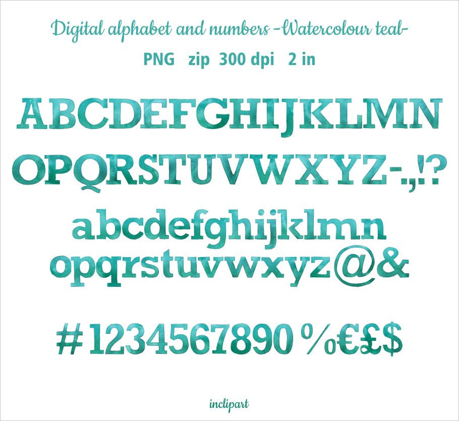 Watercolour Letters Numbers Symbols Digital Clipart. Teal | Etsy