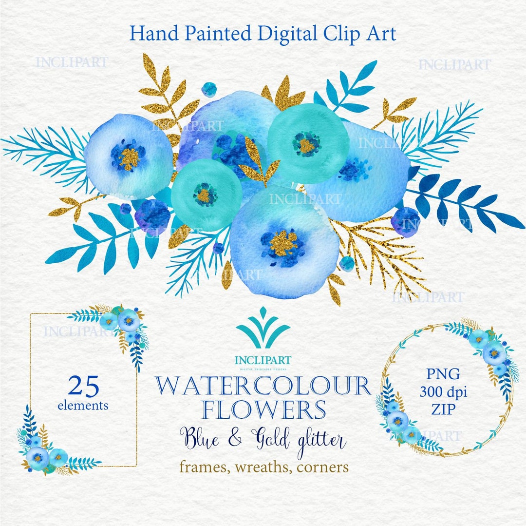 Watercolor Blue Flower Clipart. Floral Wreath, Corner, Frames Clip Art ...