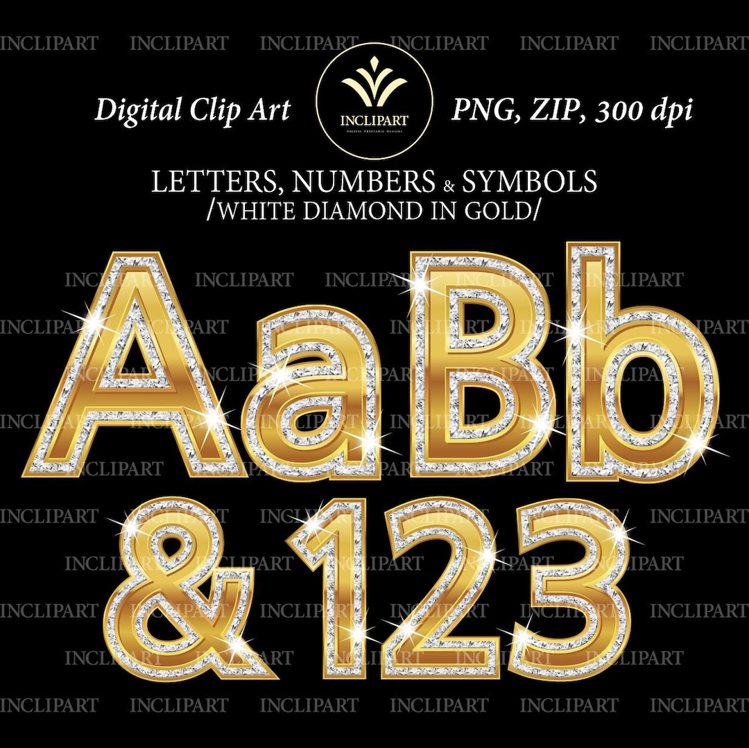 Diamond and Gold Alphabet and Numbers PNG Digital Clipart. Rhinestone ...