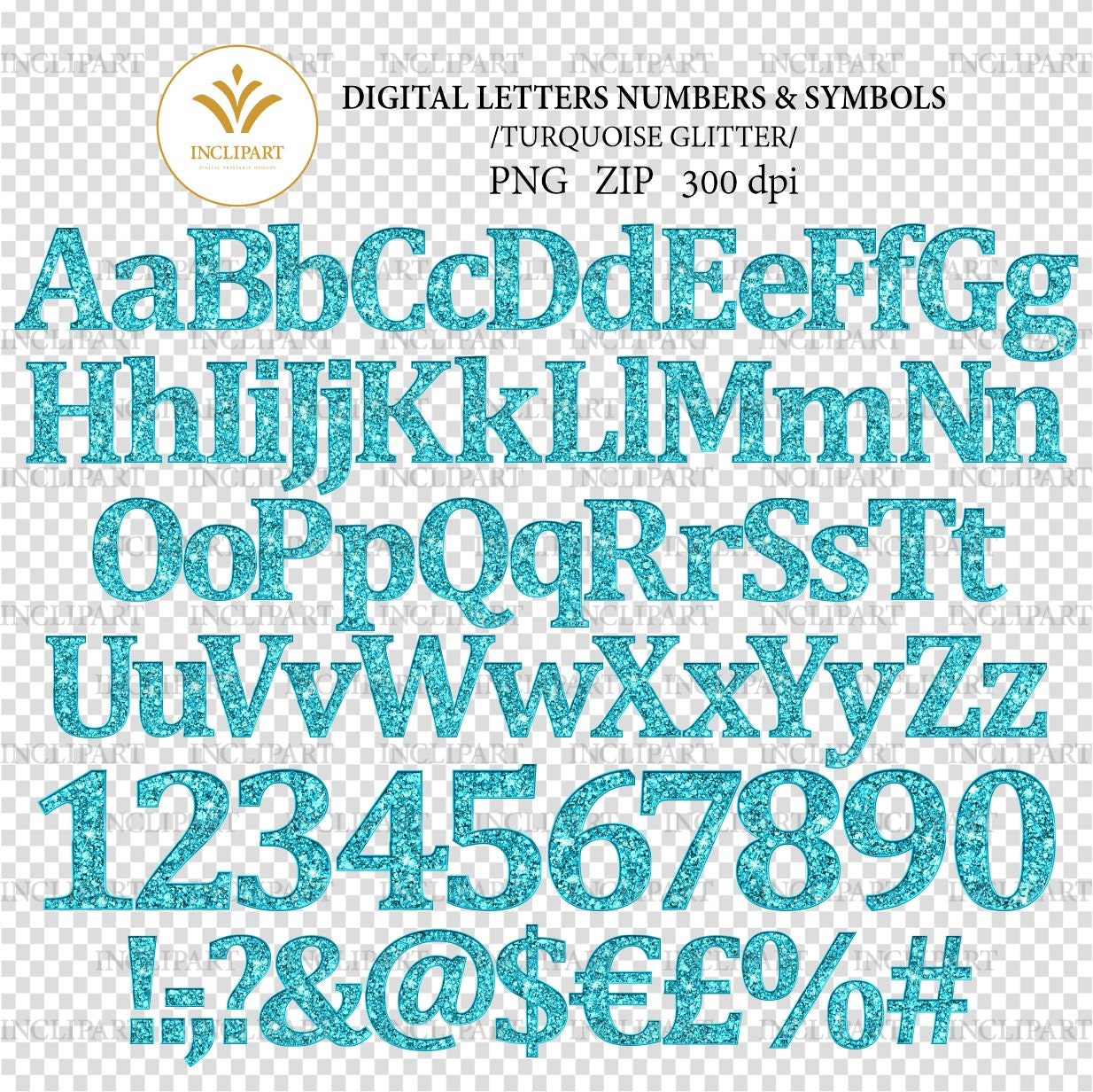 Turquoise Glitter Alphabet Digital Clipart PNG File Format. Letters ...