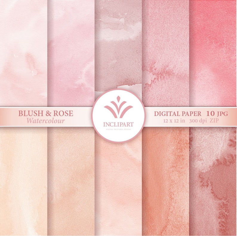 Blush & Rose Watercolour Digital Paper Clip Art. Set of 10 JPG | Etsy