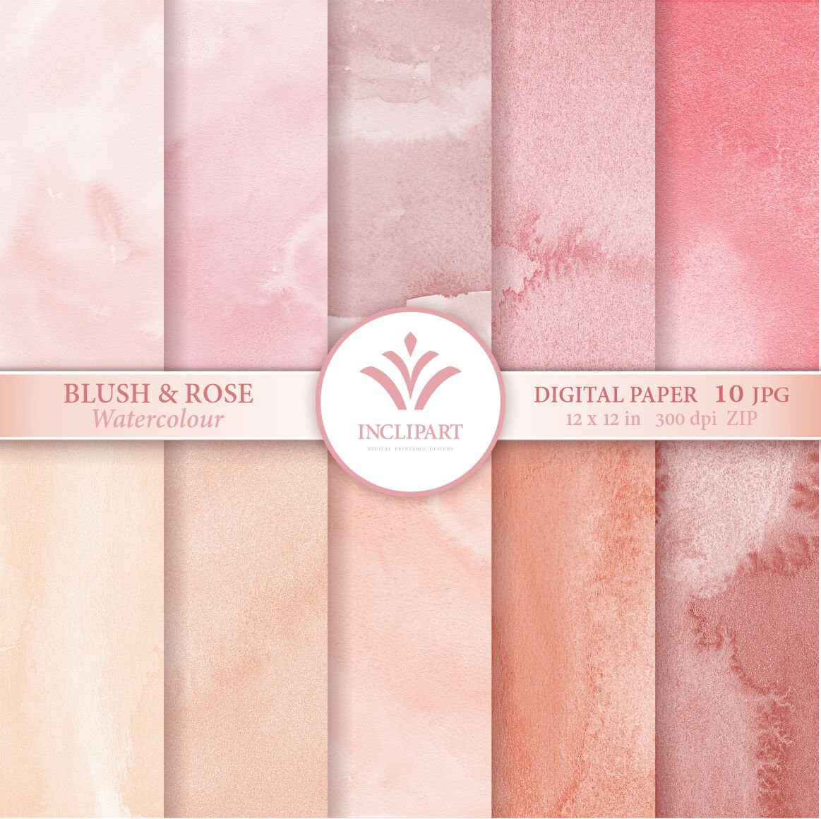 Blush & Rose Watercolour Digital Paper Clip Art. Set of 10 JPG ...