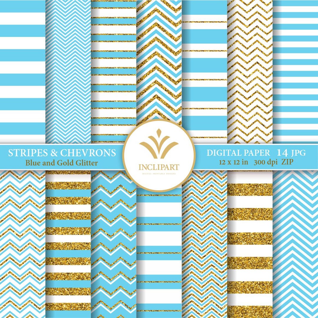 Stripes and Chevrons Digital Paper. Blue, Gold Glitter Geometric ...