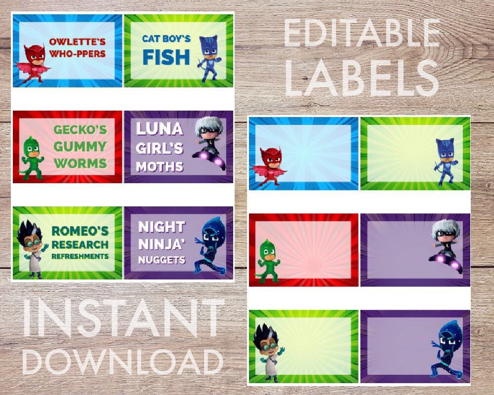 Printable Editable PJ Masks Labels, Food Tent Cards Instant Download ...