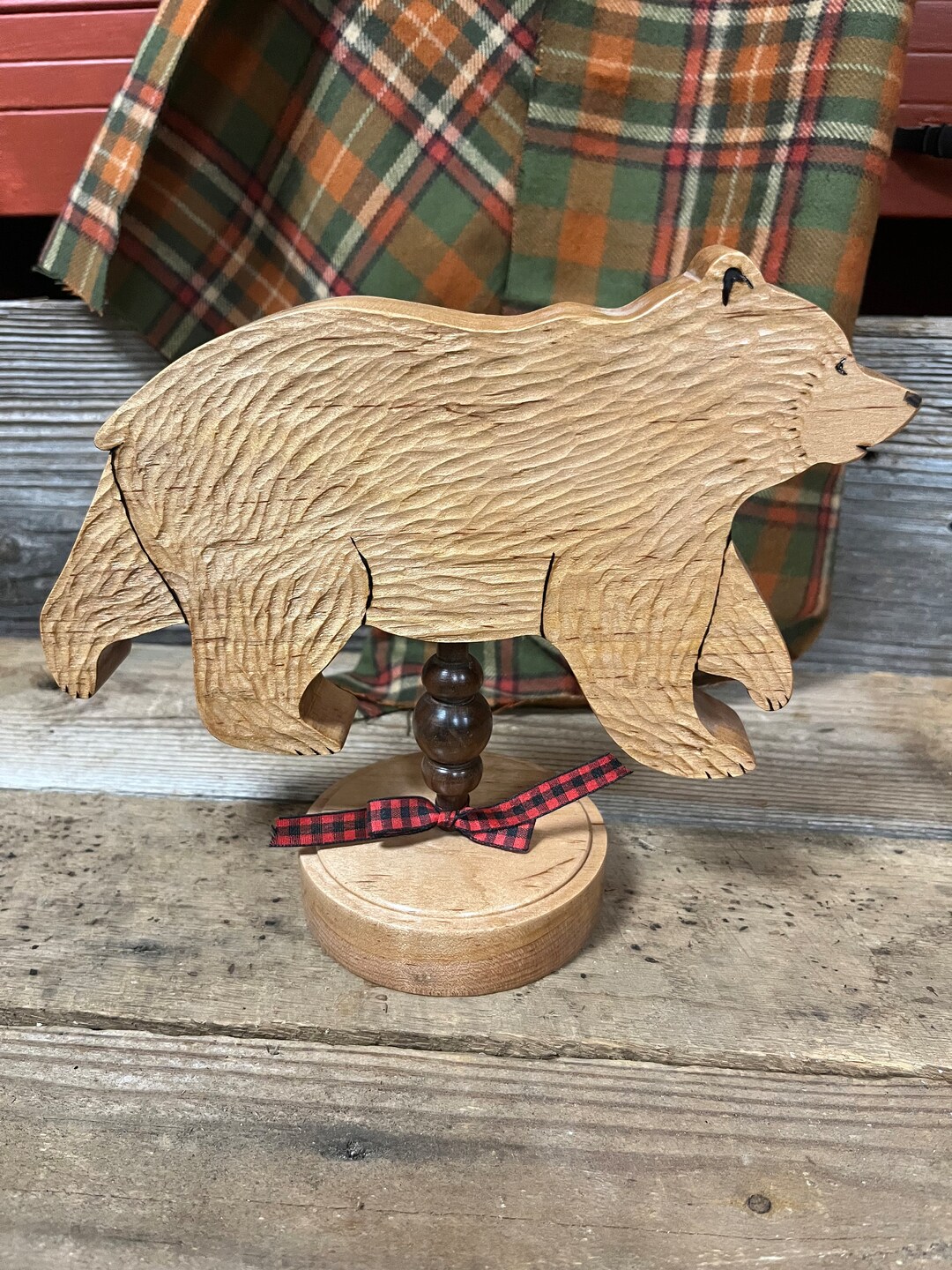 Wood Bear for Lodge Decor. Solid Cherry Wood on Walnut Spindle. Carved ...