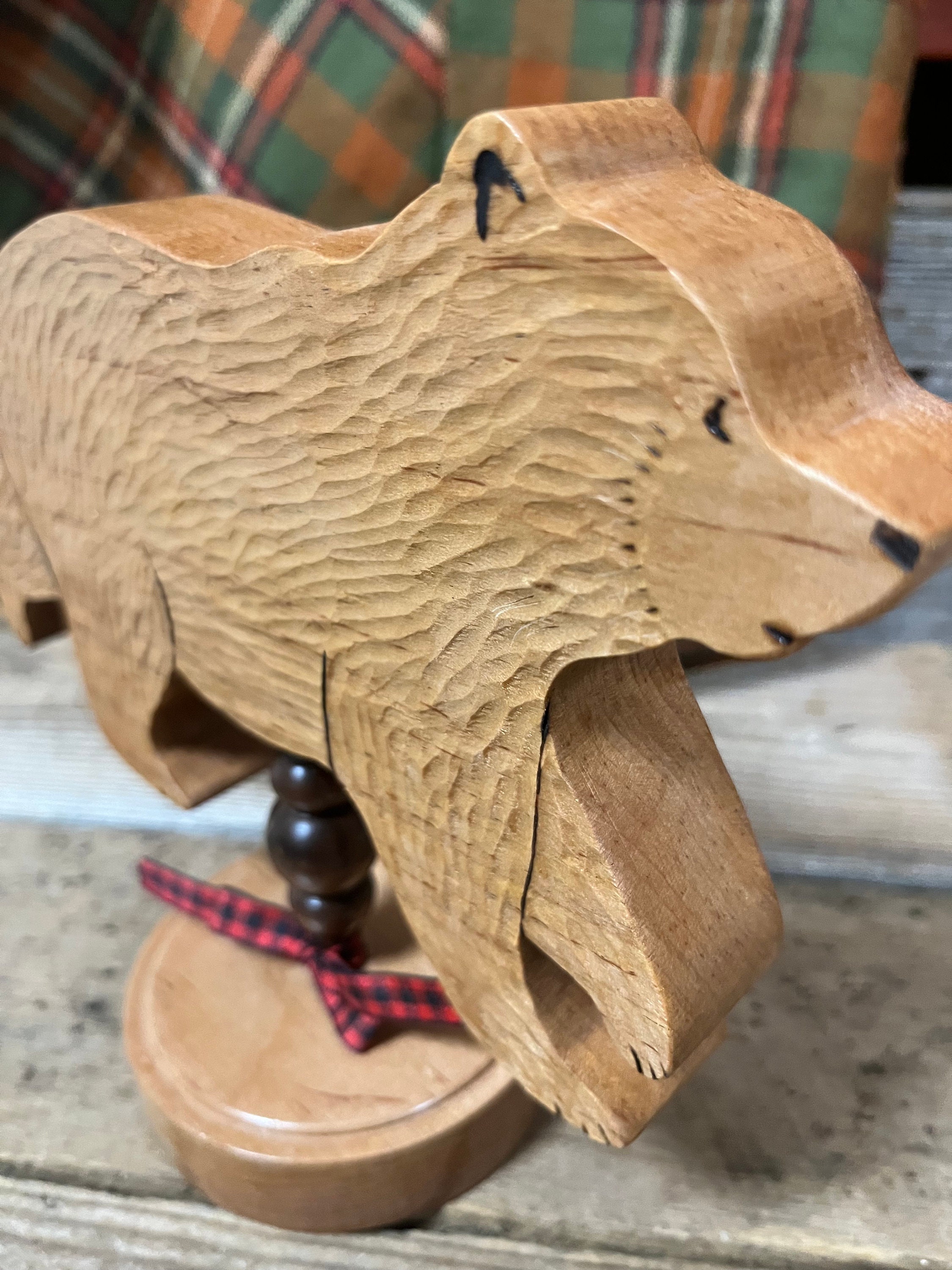 Wood Bear for Lodge Decor. Solid Cherry Wood on Walnut Spindle. Carved ...