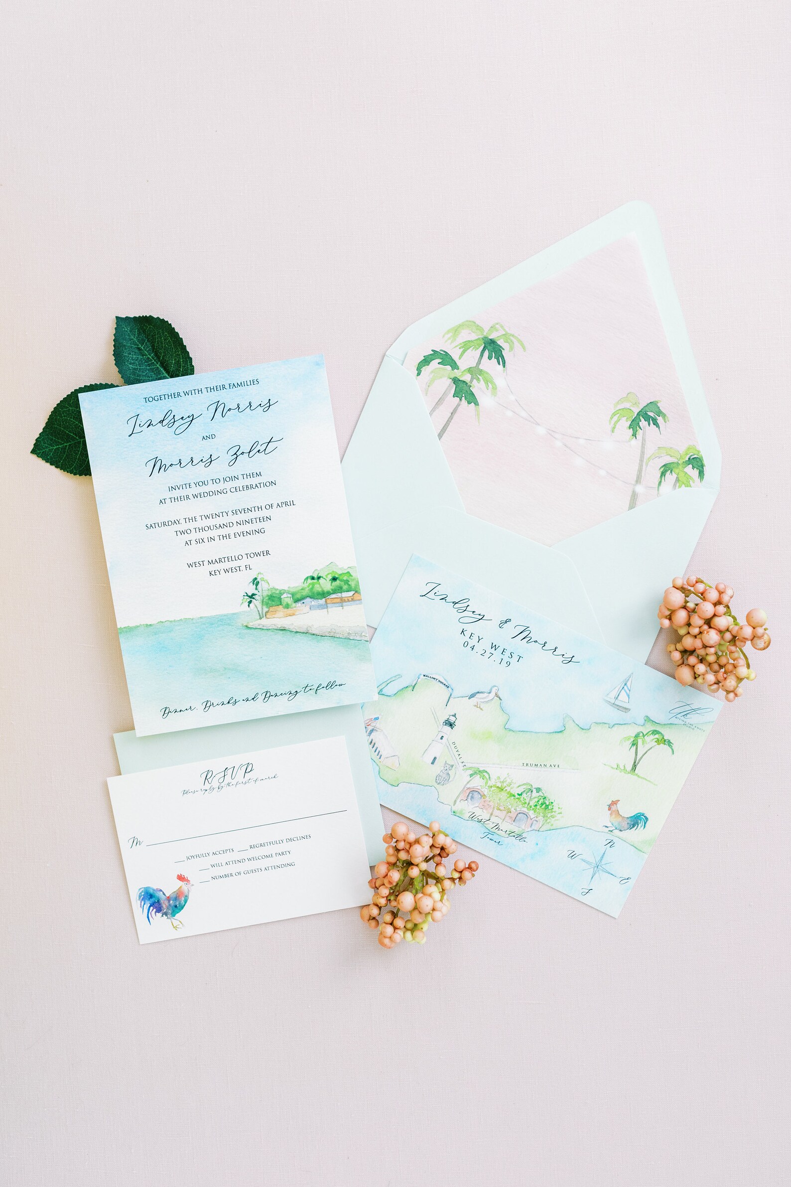 Watercolor Key West Wedding Invitation Set, Tropical Island Palm Tree ...