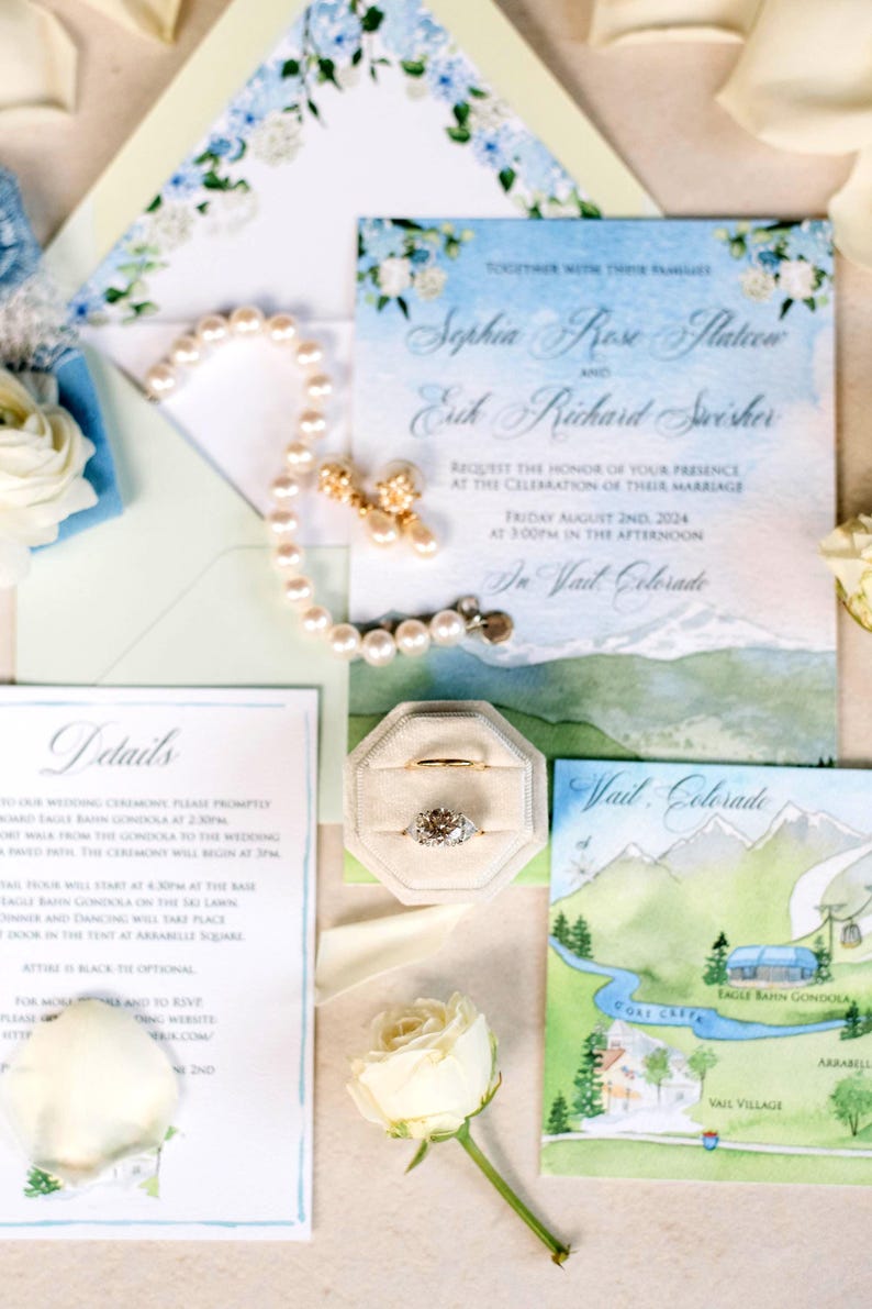 Customizable Watercolor Vail Colorado Wedding Invitation Set, Featuring ...