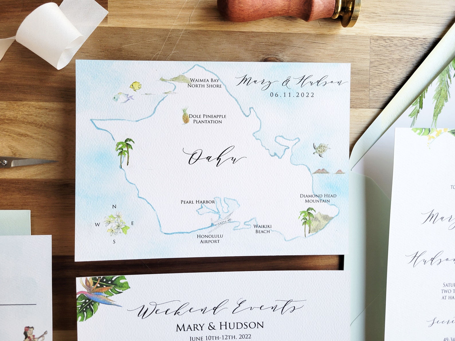 Kualoa Ranch Watercolor Hawaii Wedding Invitation Set, Tropical Island ...