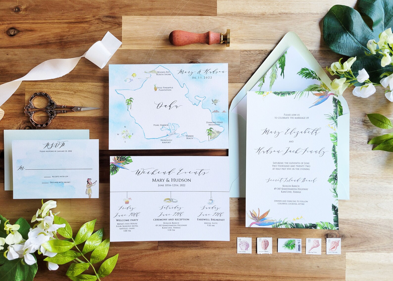 Kualoa Ranch Watercolor Hawaii Wedding Invitation Set, Tropical Island ...