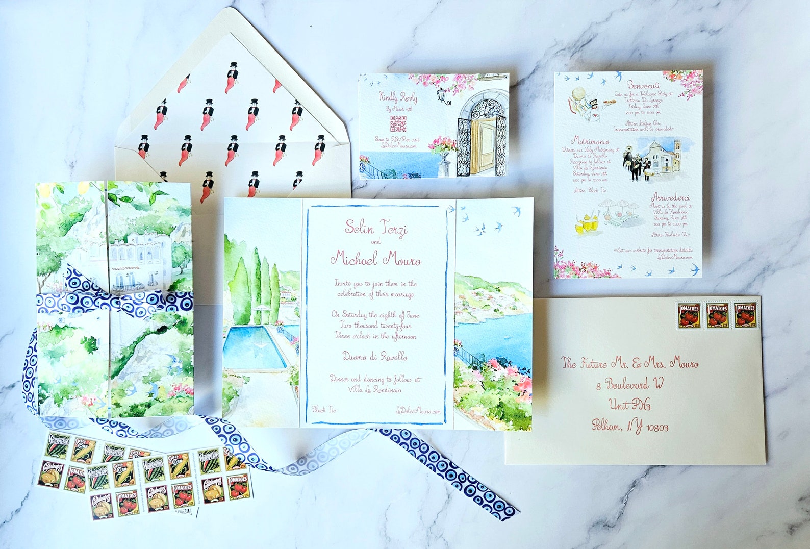 Amalfi Coast Watercolor Wedding Invitations Villa La Rondinaia Custom ...