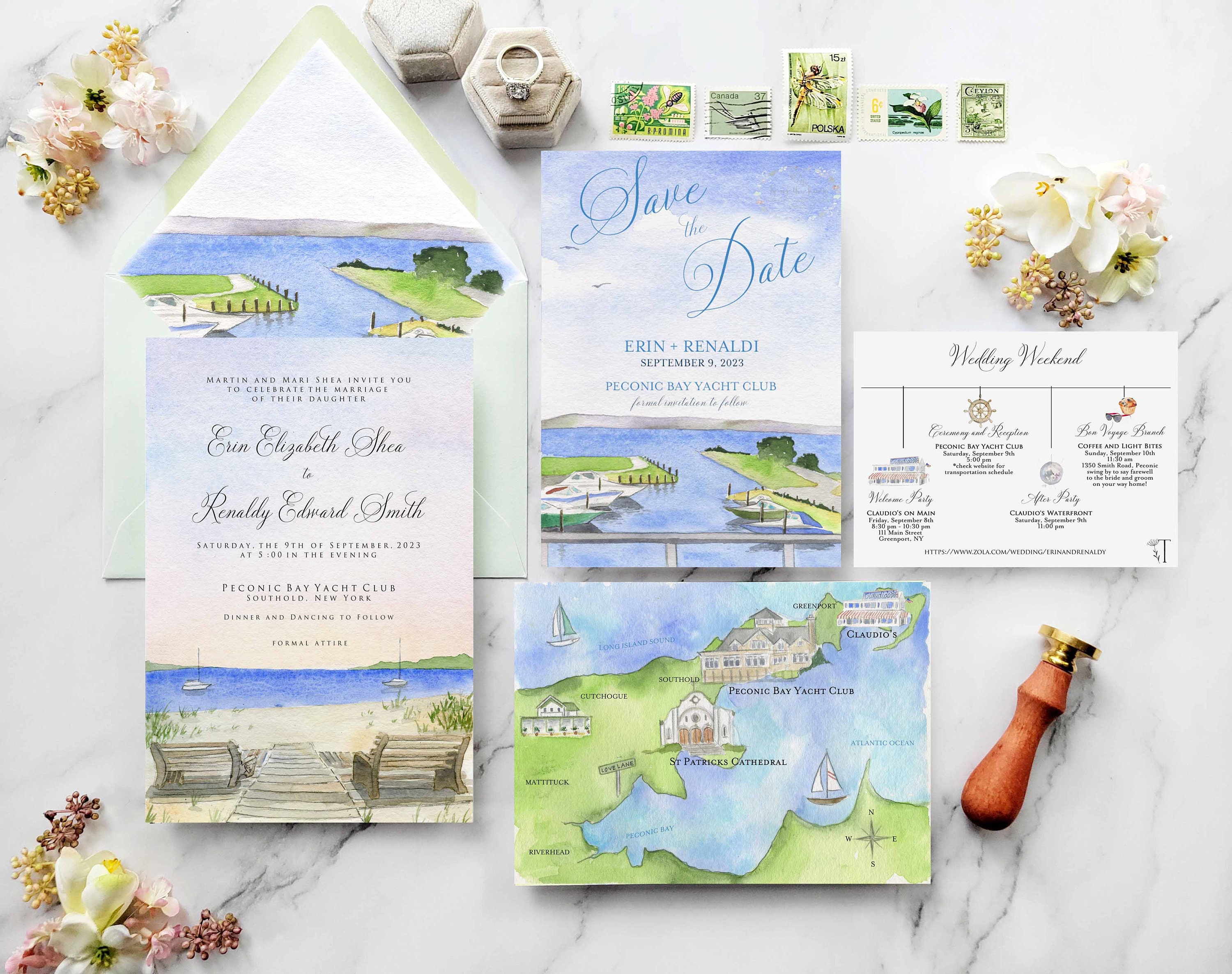 Peconic Bay Yacht Club Wedding Invitations | Watercolor Wedding Invites ...