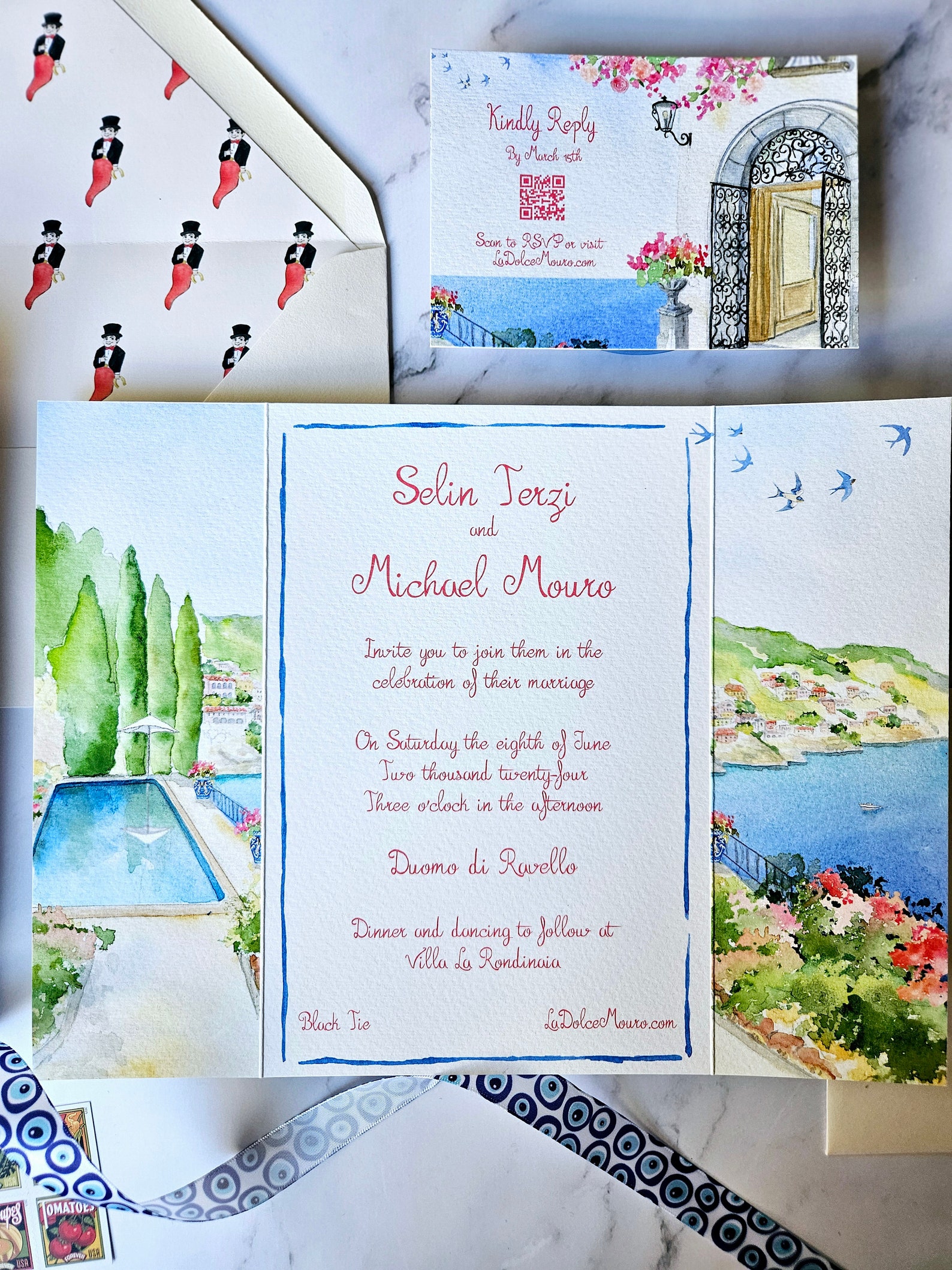 Amalfi Coast Watercolor Wedding Invitations Villa La Rondinaia Custom ...