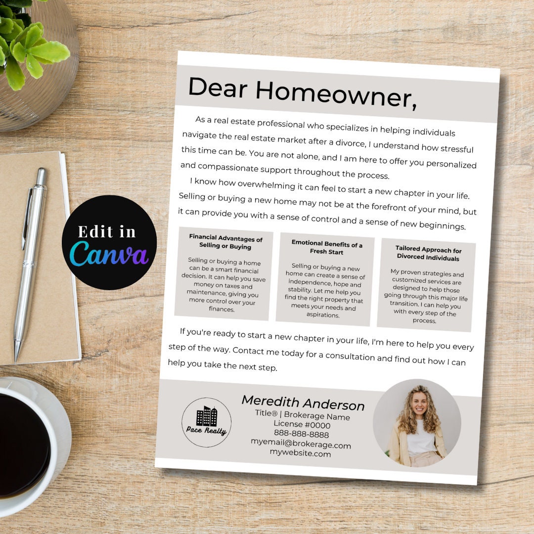Divorce Prospecting Letter for Real Estate Agents | Editable Canva ...